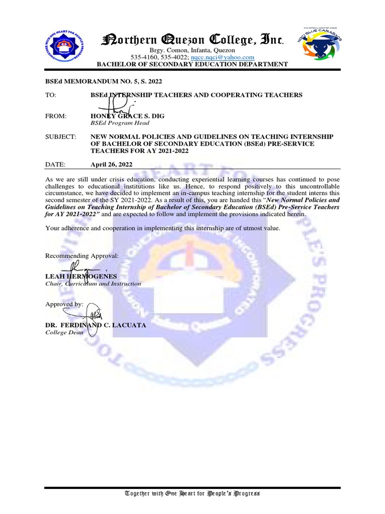 Memo No. 5 S. 2022 Internship Guidelines 1 | PDF | Teachers | Mentorship