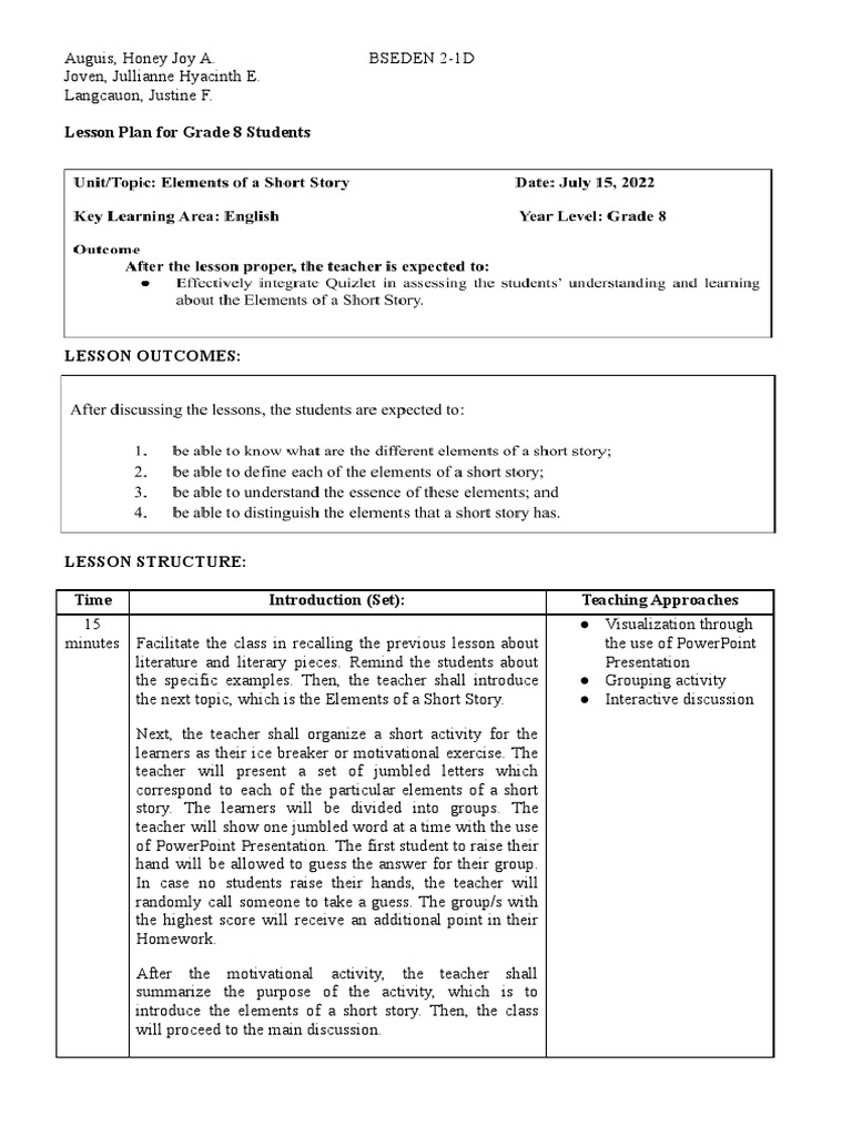 Grade 8 Short Story Lesson Plan | PDF | Teaching Method | Plot (Narrative)