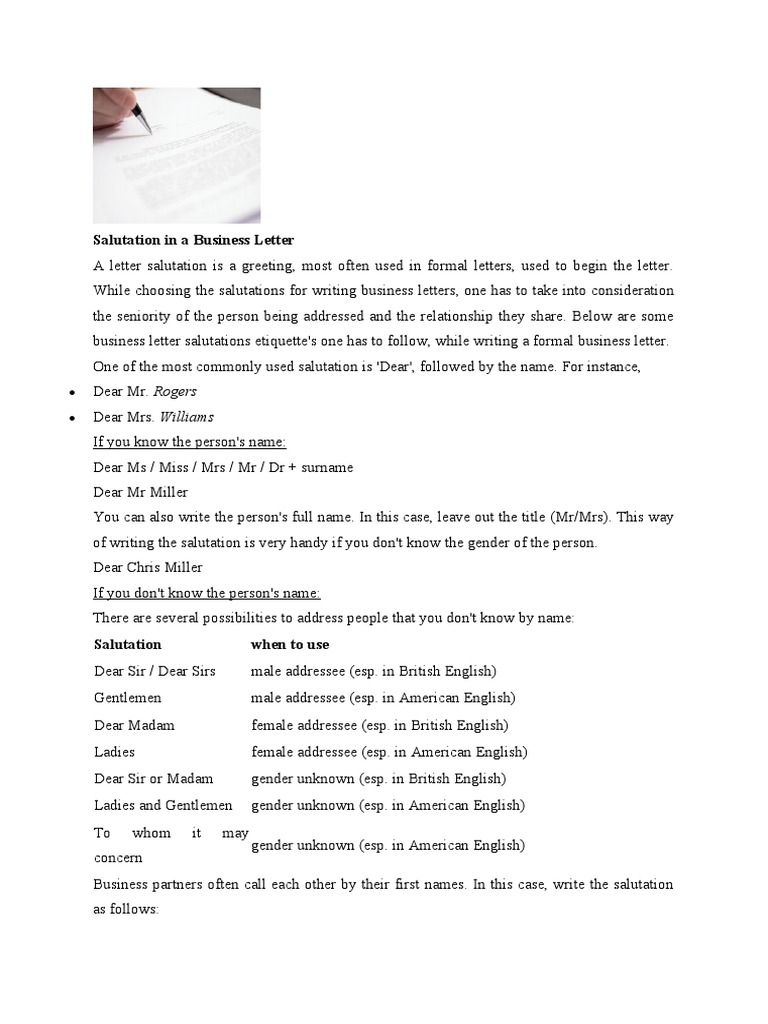 Business Letter Salutation Guide | PDF | Writing | Human Communication