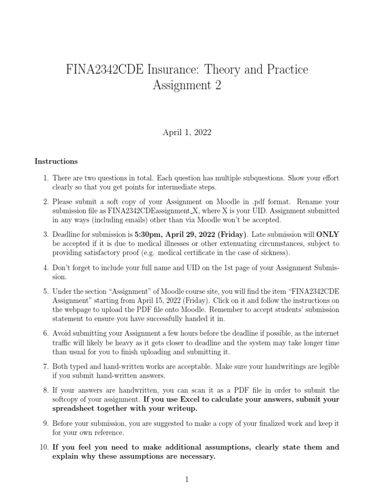 FINA2342CDE Insurance: Theory and Practice Assignment 2: April 1, 2022 ...