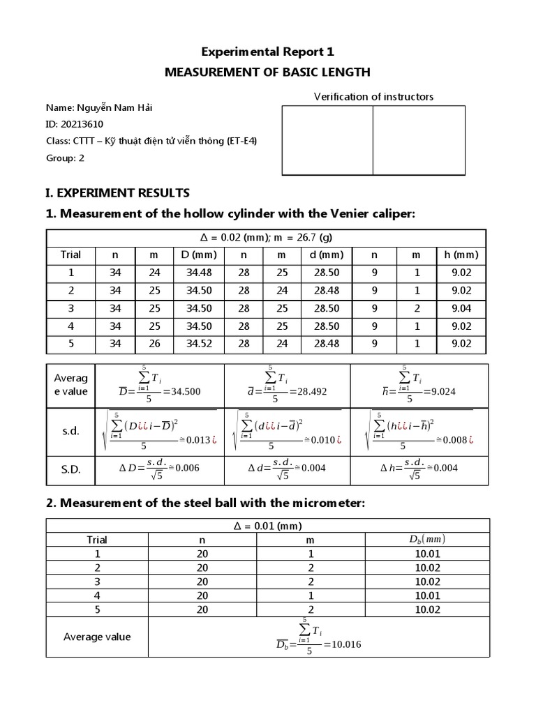 Experimental Report 1 Measurement of Basic Length | PDF | Metrology ...