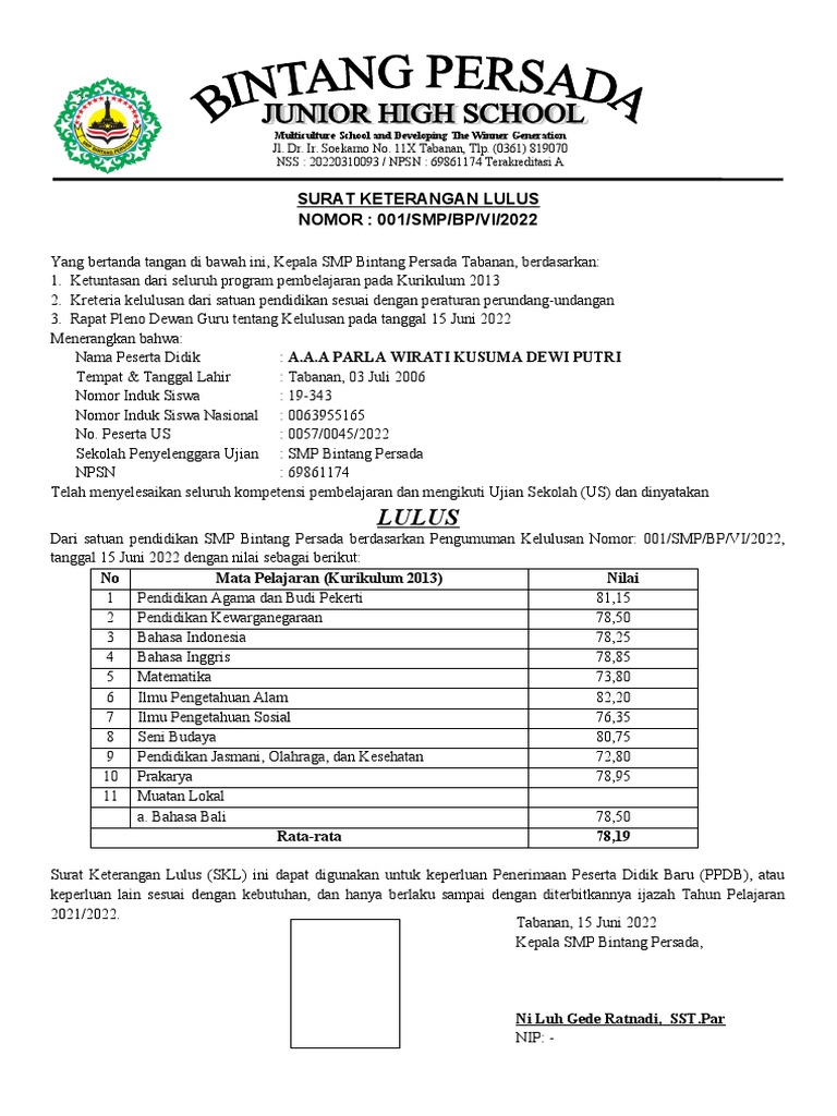Surat Keterangan Lulus SMP 2022 | PDF