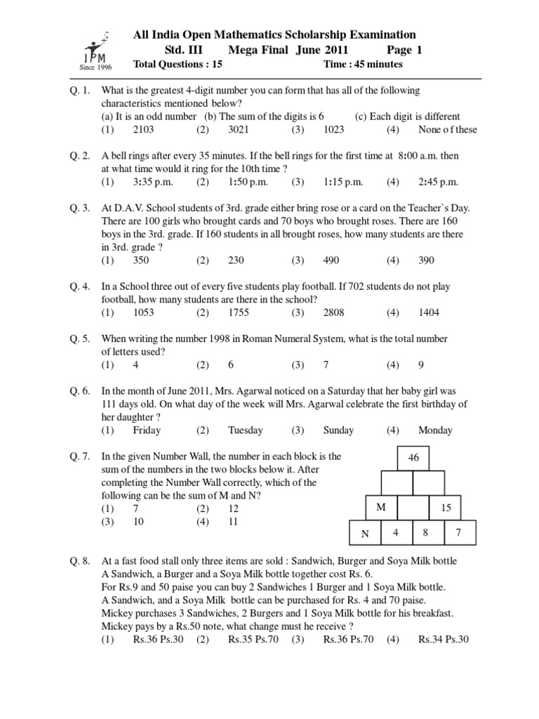 All India Open Mathematics Scholarship Examination Std. III Mega Final June 2011 | PDF