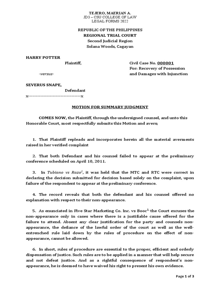 7 Motion For Summary Judgment | PDF | Complaint | Summary Judgment