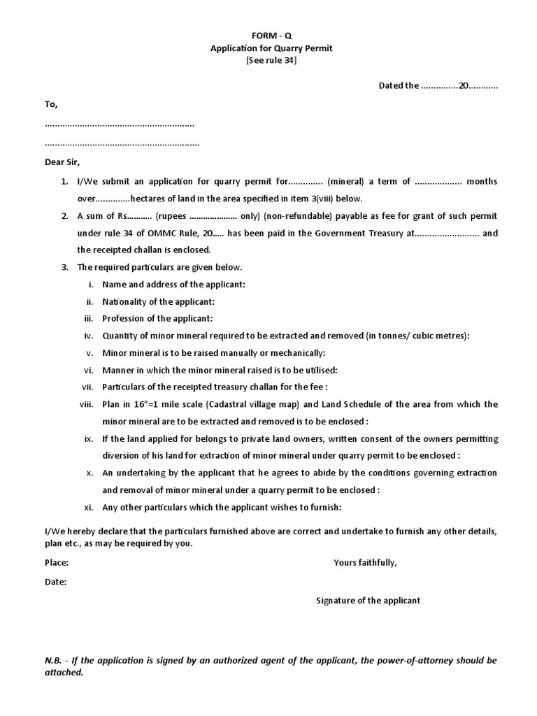 Form-Q - Application For Quarry Permit | PDF | Government | Justice