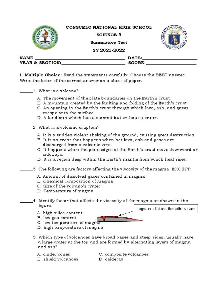 Summative Test Grade 9 | PDF | Volcano | Types Of Volcanic Eruptions