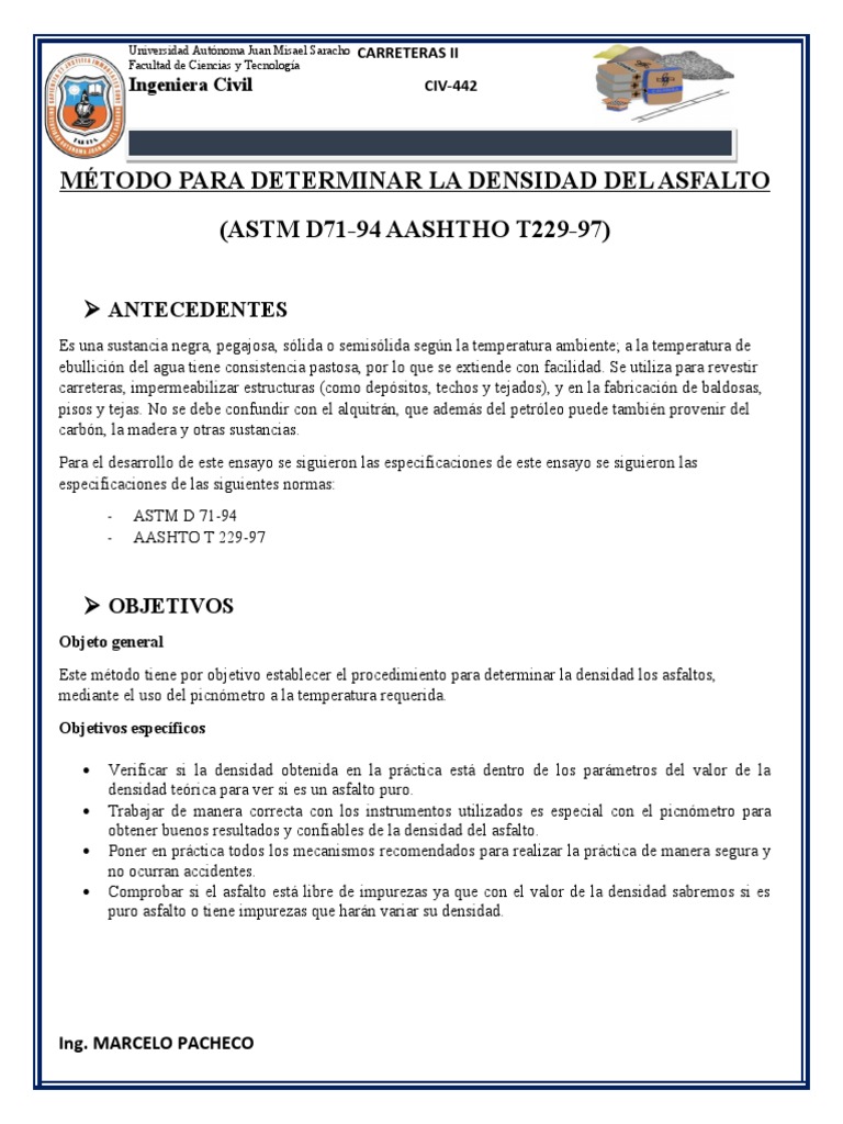 Densidad del Asfalto: Método de Determinación | PDF | Densidad | Agua