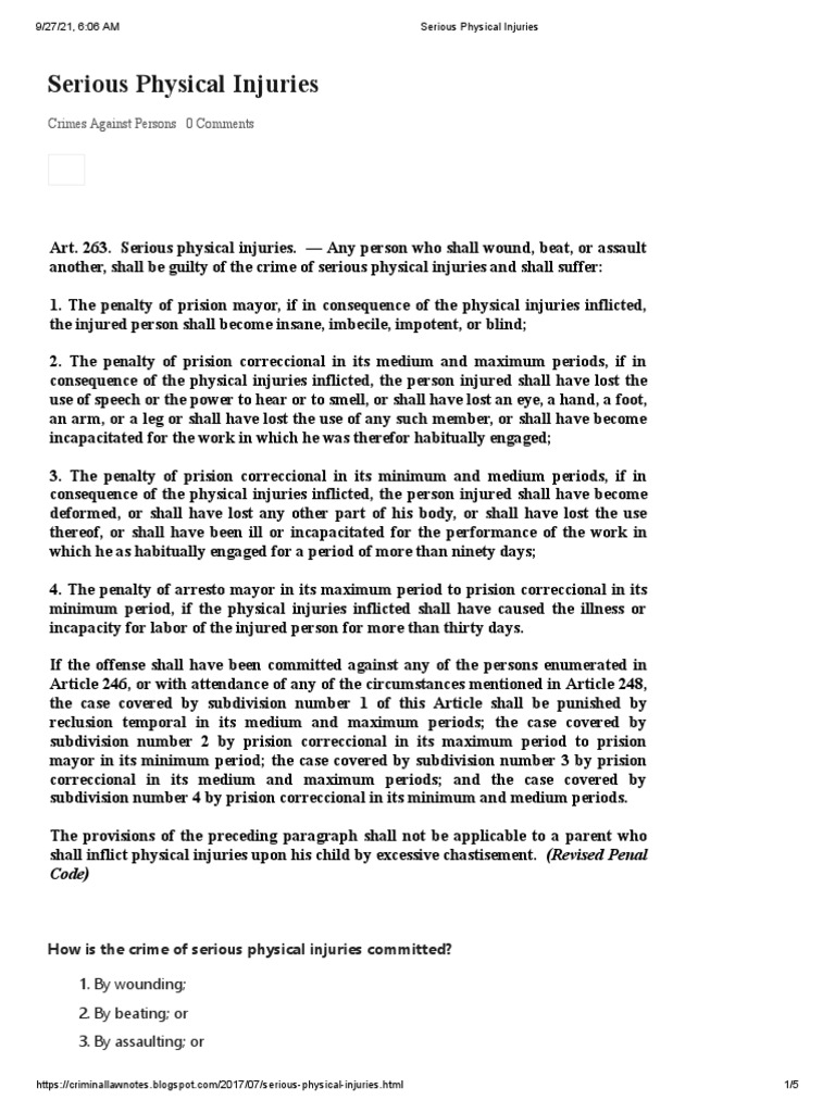 An In-Depth Analysis of the Crime of Serious Physical Injuries Under ...