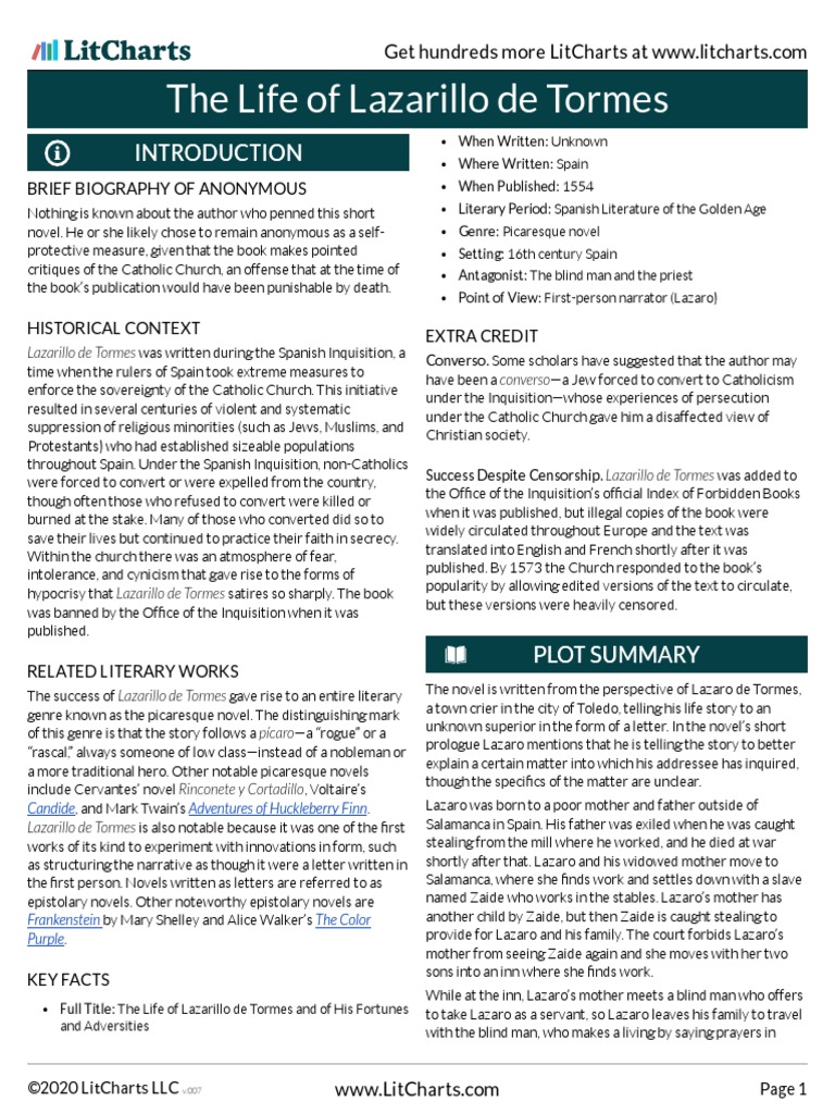 The Life of Lazarillo de Tormes LitChart | PDF | Spanish Inquisition