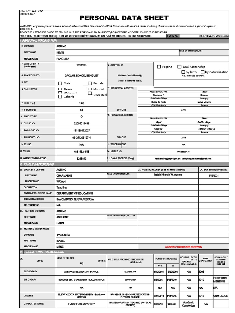 Excel-File-CSC-Personal-Data-Sheet-PDS-2017 (4) (AutoRecovered) | PDF | Constructivism ...