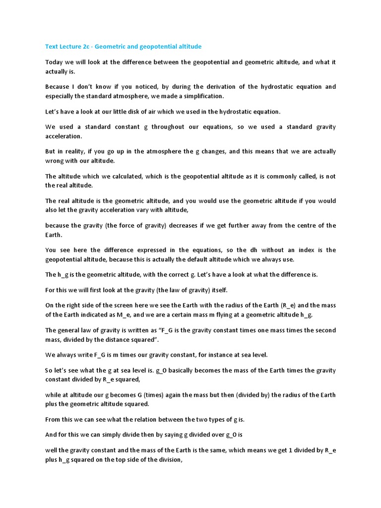 Text Lecture 2c - Geometric and Geopotential Altitude | PDF | Gravity ...