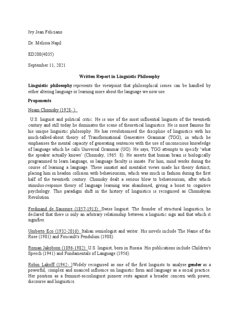 Written Report in Linguistic Philosophy Linguistic Philosophy ...