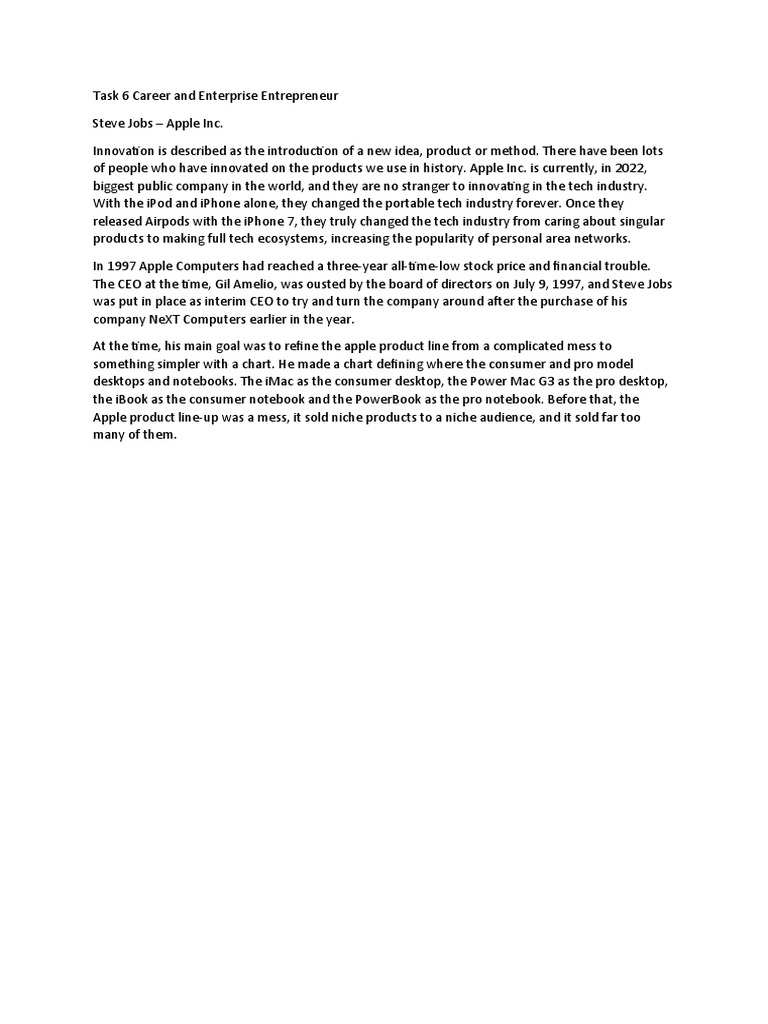 Task 6 Career and Enterprise Entrepreneur: Steve Jobs | PDF