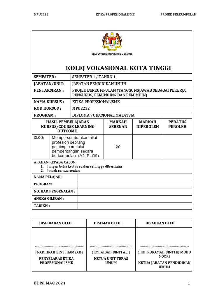 Kolej Vokasional Kota Tinggi | PDF