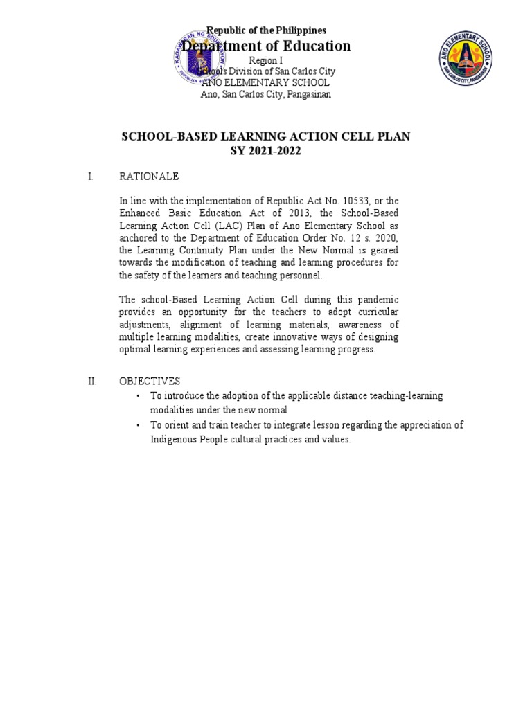 Department of Education: School-Based Learning Action Cell Plan SY 2021 ...