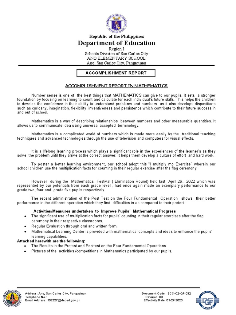 Math Accomplishment-Report | PDF | Teaching Mathematics | Mathematics