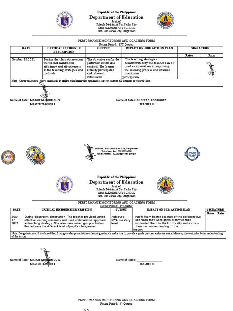 Performance Monitoring and Coaching Form | PDF | Teachers | Learning