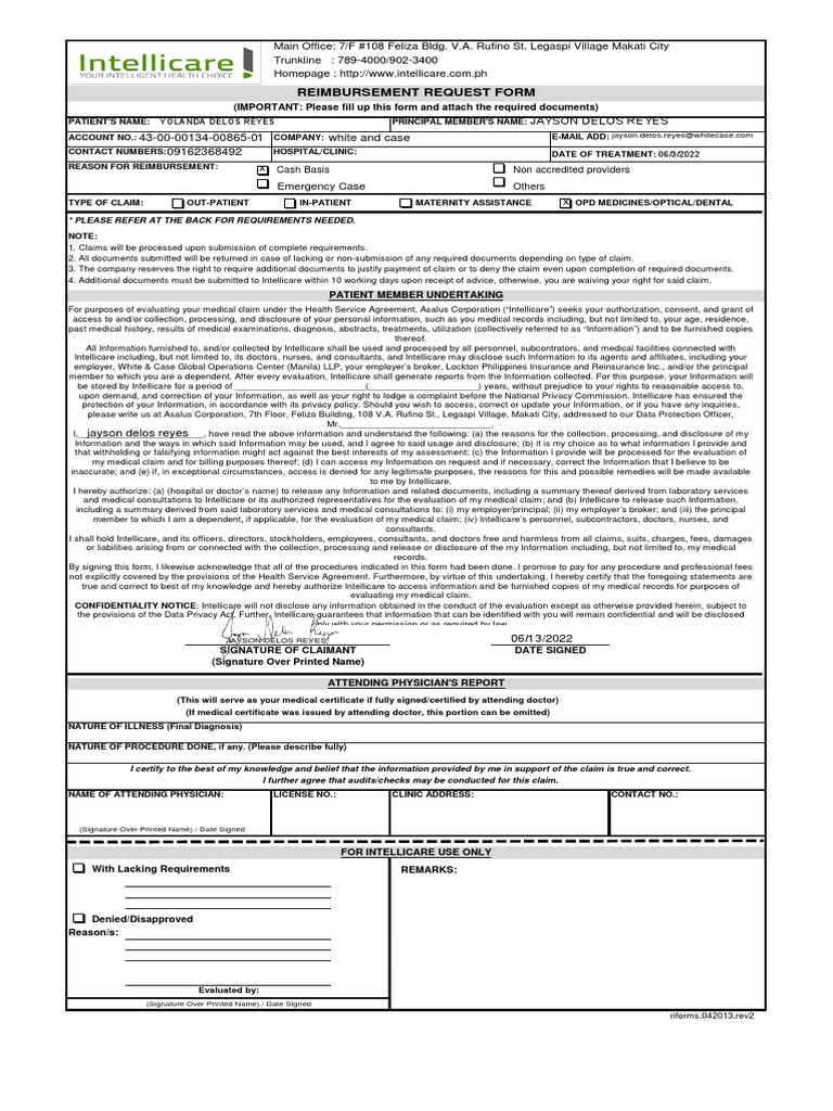Reimbursement Request Form: Jayson Delos Reyes 43-00-00134-00865-0 1 ...