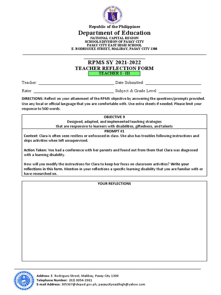 Teacher Reflection Form T1 T3 SY2021 22 EDITED 2 (1) | PDF ...