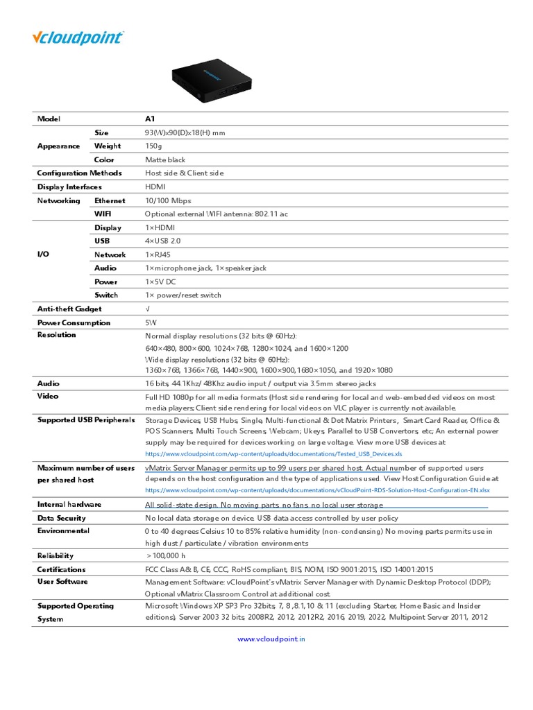 Datasheet of vCloudPoint A1 | PDF | Usb | Server (Computing)