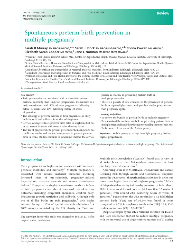 Spontaneous Preterm Birth Prevention in Multiple Pregnancy | PDF ...