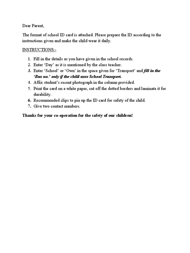Format of ID Card & Instructions | PDF
