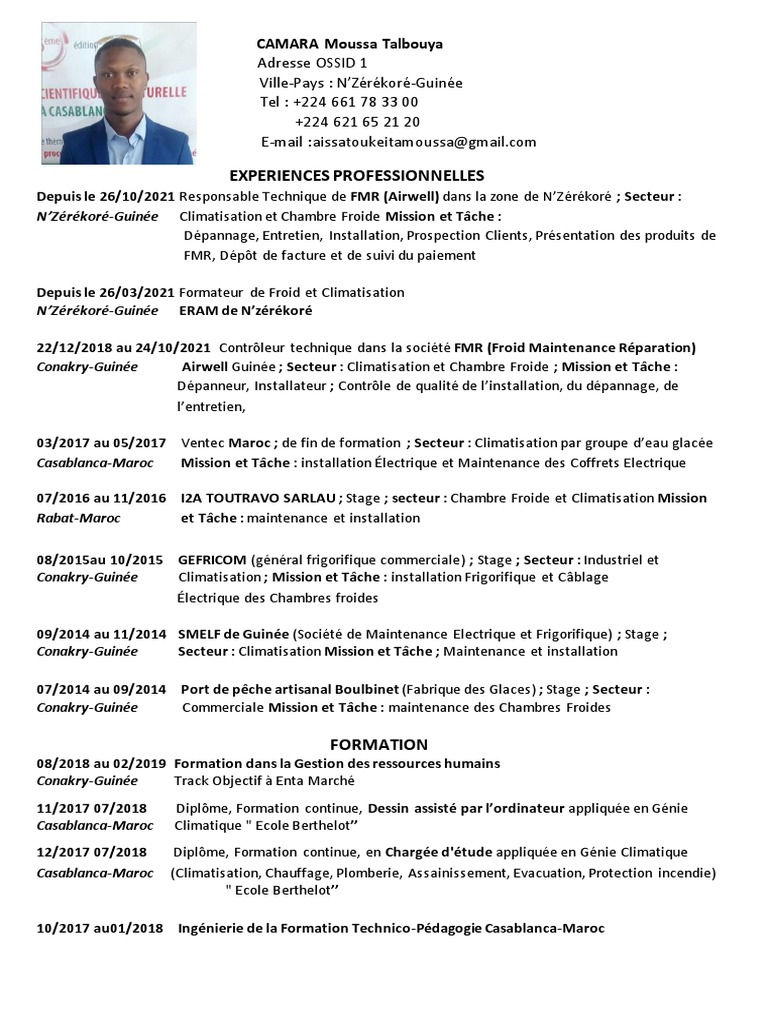 CV de Moussa Talbouya en Climatisation | PDF | Microsoft Excel