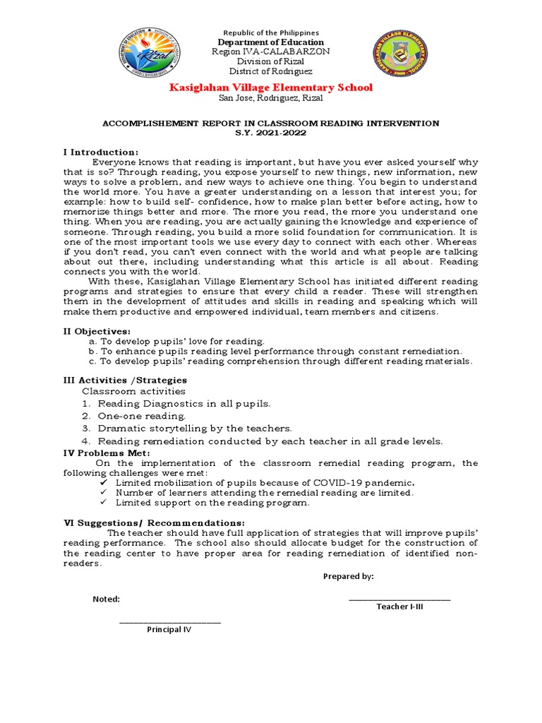 Accomplishment REPORT in READING Intervention | PDF | Teachers | Pedagogy Accomplishment REPORT in READING Intervention | PDF | Teachers | Pedagogy