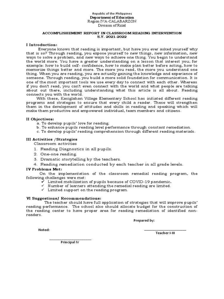 Department of Education: Accomplishement Report in Classroom Reading ...