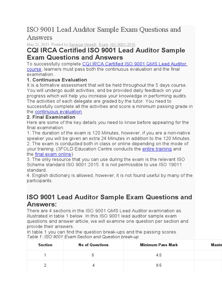 ISO 9001 Lead Auditor Sample Exam Questions and Answers | PDF | Audit ...
