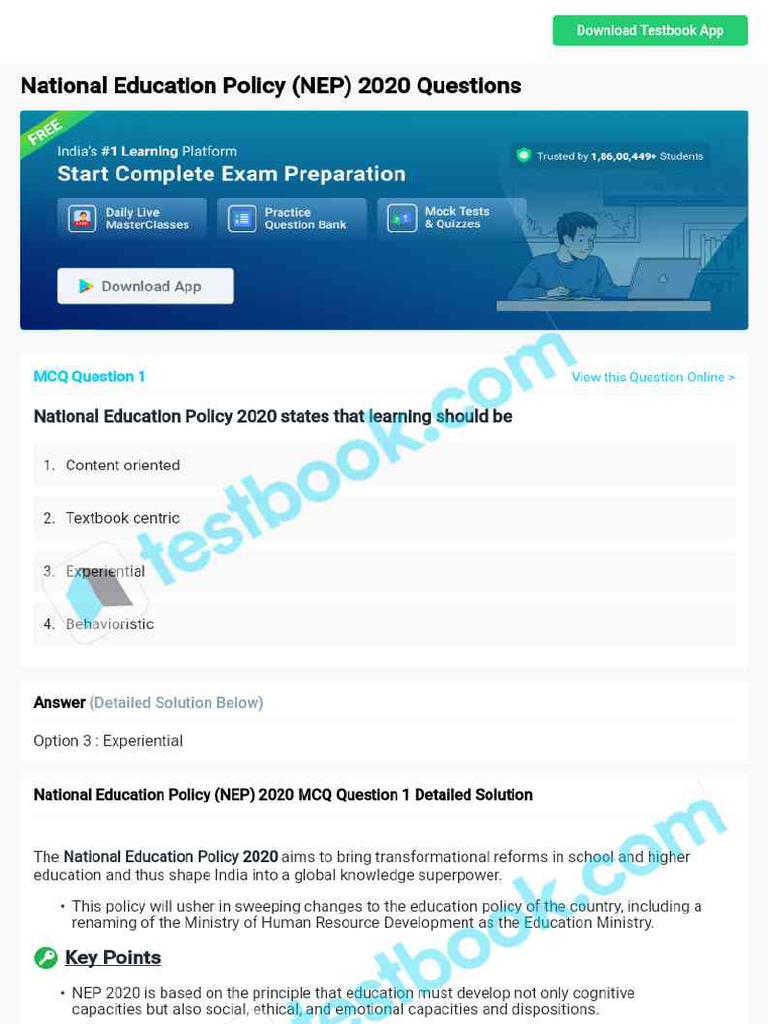 MCQ On National Education Policy Nep 2020 621f7275b9516ab546f0b29a | PDF