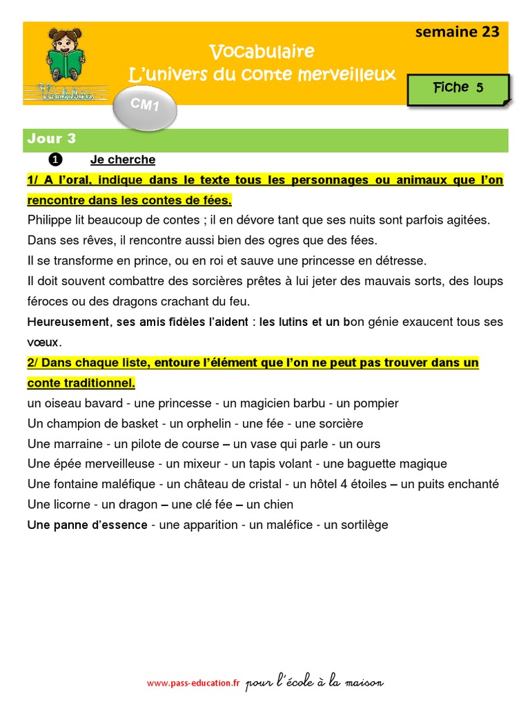 Vocabulaire Le Conte Merveilleux Exercices A IMPR | PDF | Fées | Contes ...