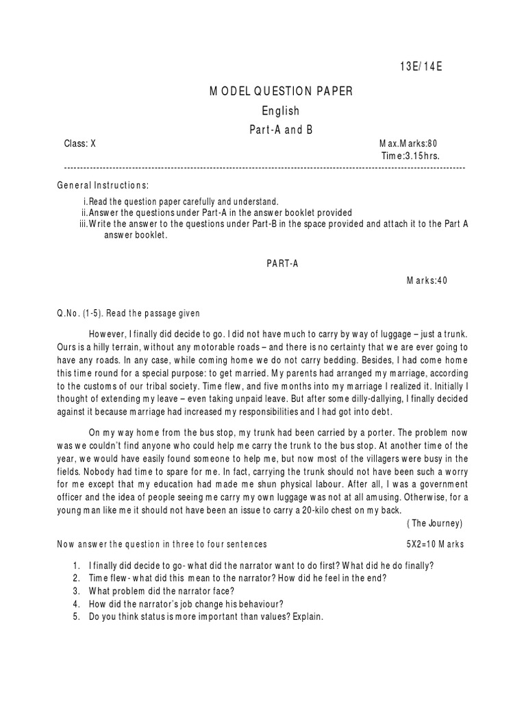 13E/14E Model Question Paper English Part-A and B | PDF | Beak