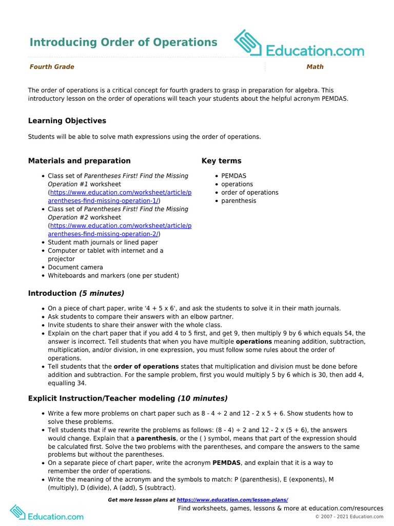 Introducing Order of Operations: Learning Objectives | PDF ...
