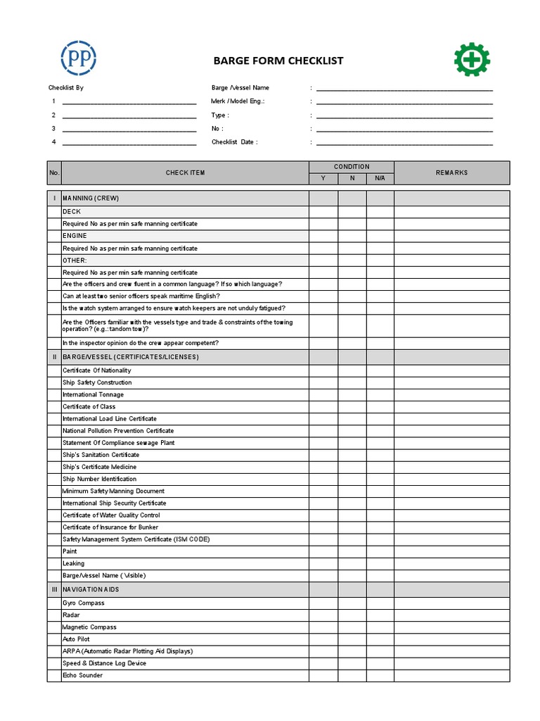 Barge Form Checklist: No. Check Item Condition Remarks Y N N/A I ...