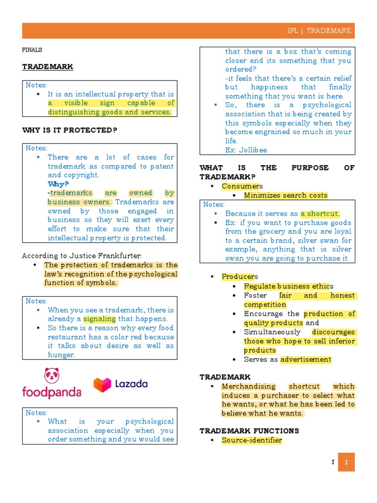 Trademark Notes | PDF | Trademark Distinctiveness | Trademark