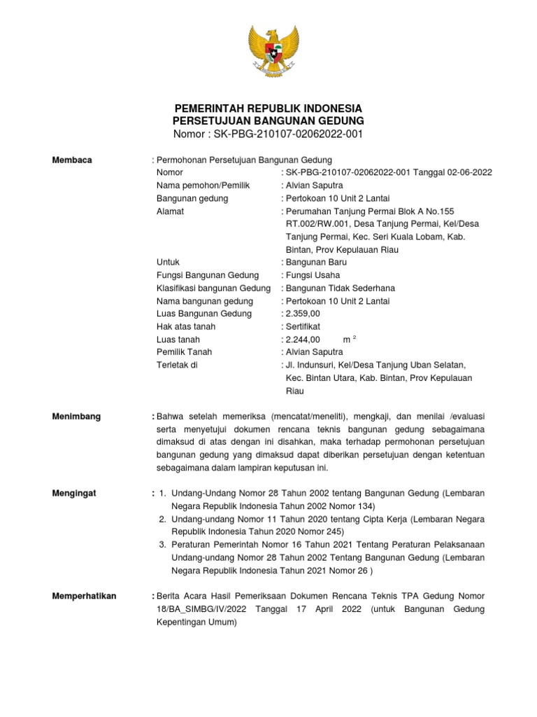 Pemerintah Republik Indonesia Persetujuan Bangunan Gedung: Nomor: SK-PBG-210107-02062022-001 | PDF