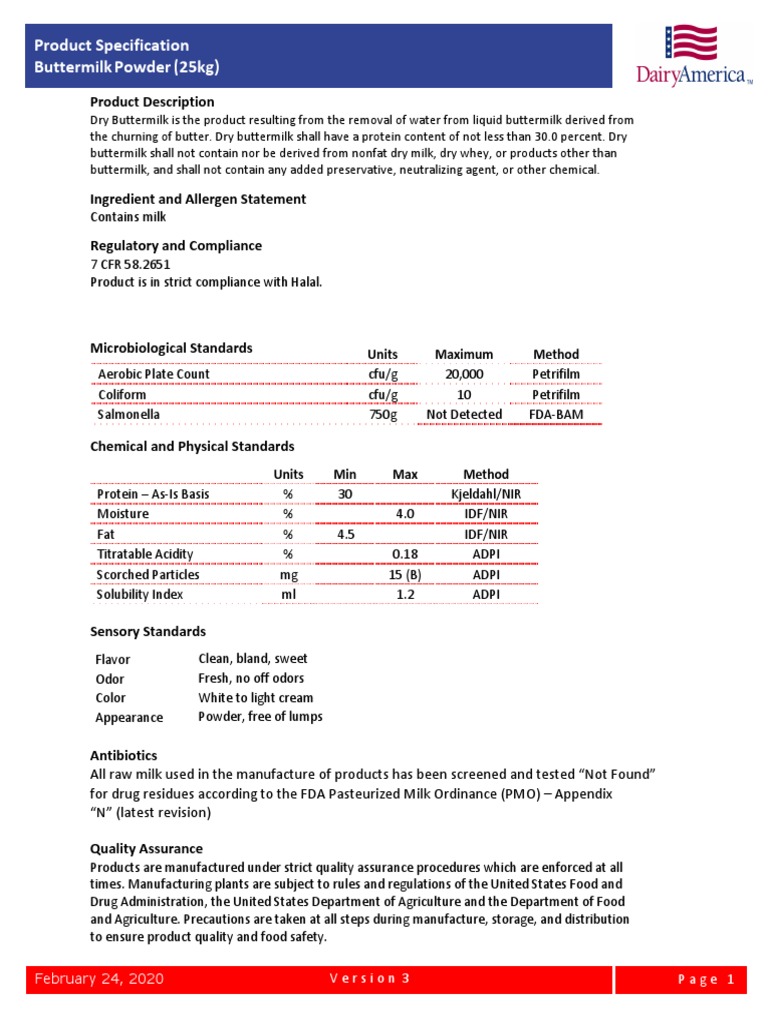 Product Specification Buttermilk Powder (25kg) | PDF | Milk | Foods