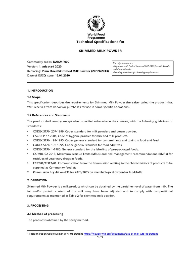 Technical Specifications For Skimmed Milk Powder: 1.1 Scope | PDF ...