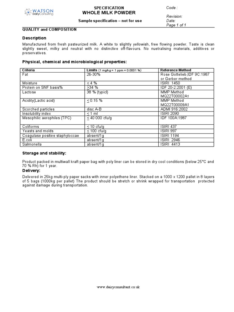 Whole Milk Powder Specification | PDF | Milk | Chemistry