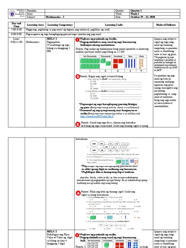 WHLP Grade 3 Mathematics - Week 1 | PDF