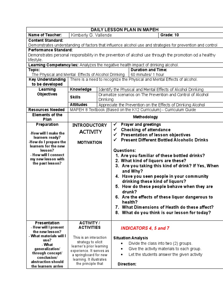 Alcohol Effects Lesson Plan for Grade 10 | PDF | Learning | Alcoholism