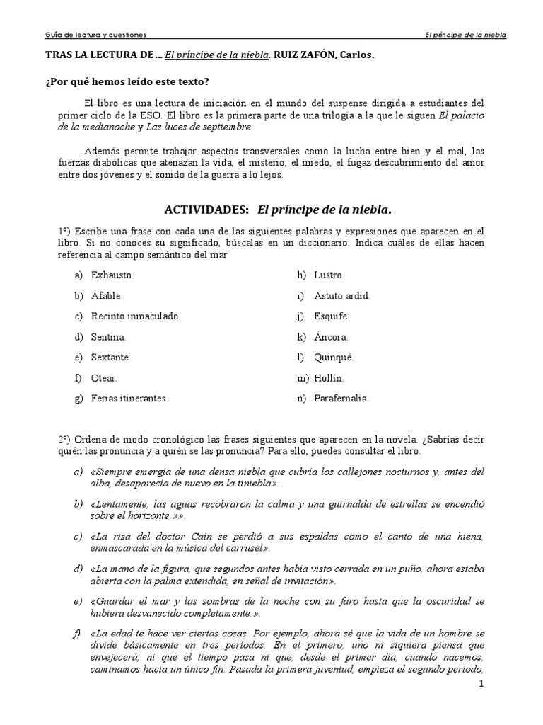 Guia Lectura-El Principe de La Niebla | PDF