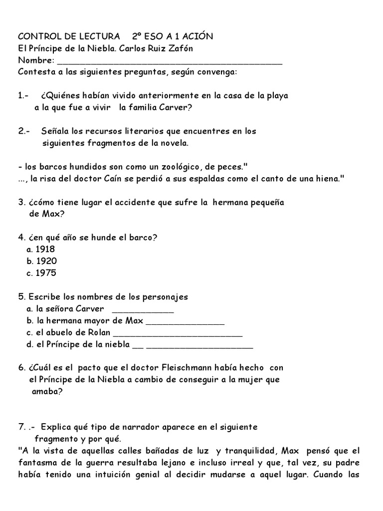 Cuestionario El Príncipe de La Niebla 1 | PDF