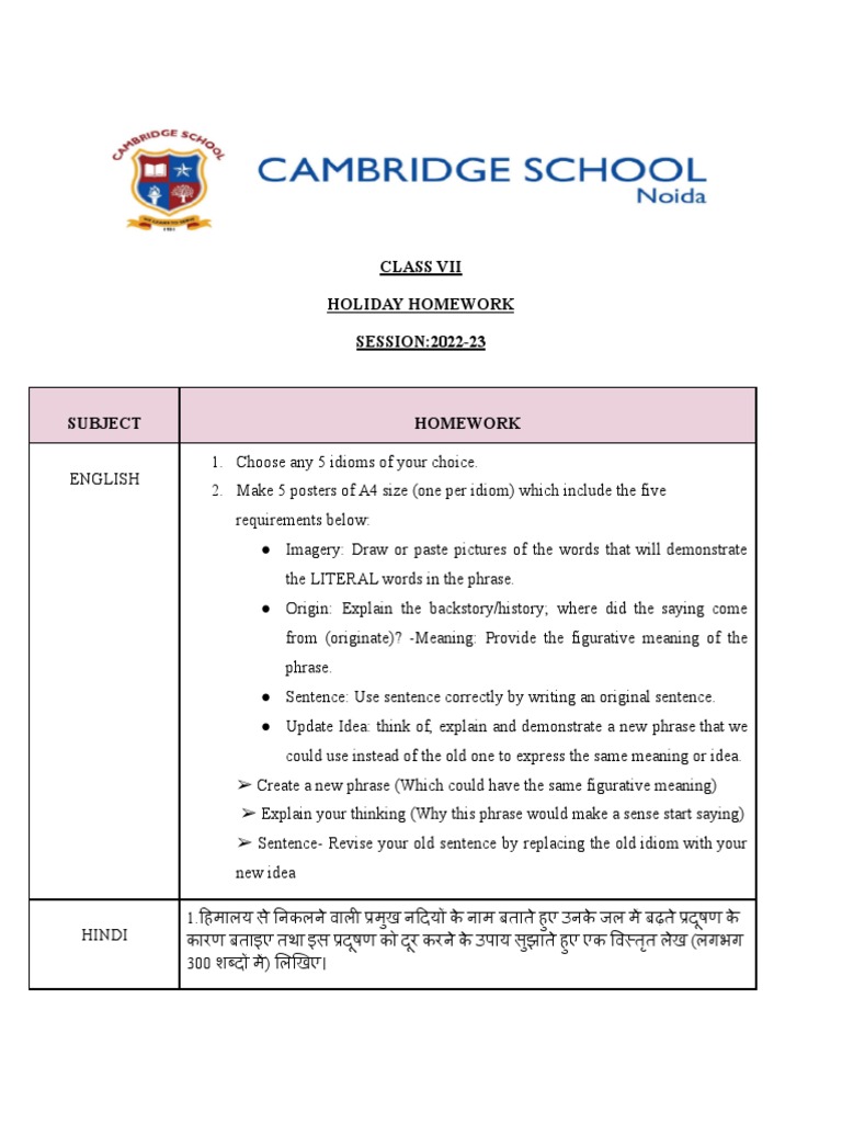 CLASS VII Holiday Homework | PDF