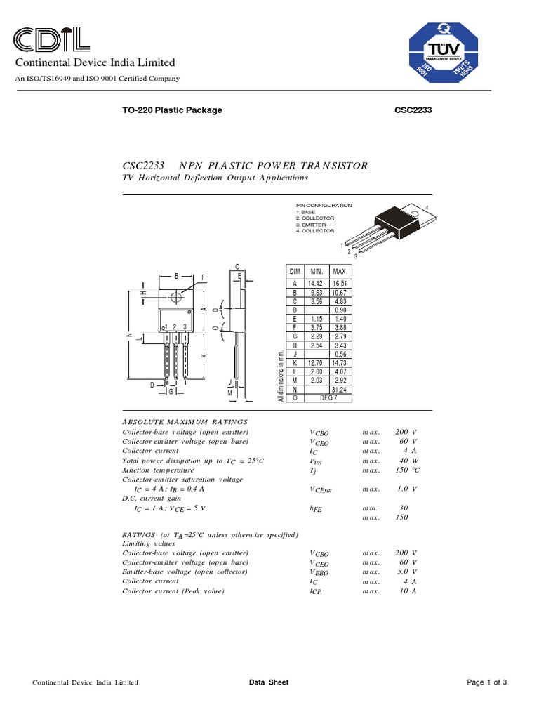 CSC2233 NPN Plastic Power Transistor Data Sheet | PDF | Bipolar ...