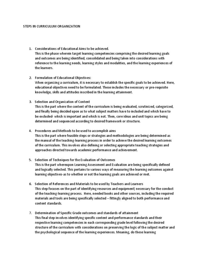 Steps in Curriculum Organization | PDF | Curriculum | Learning