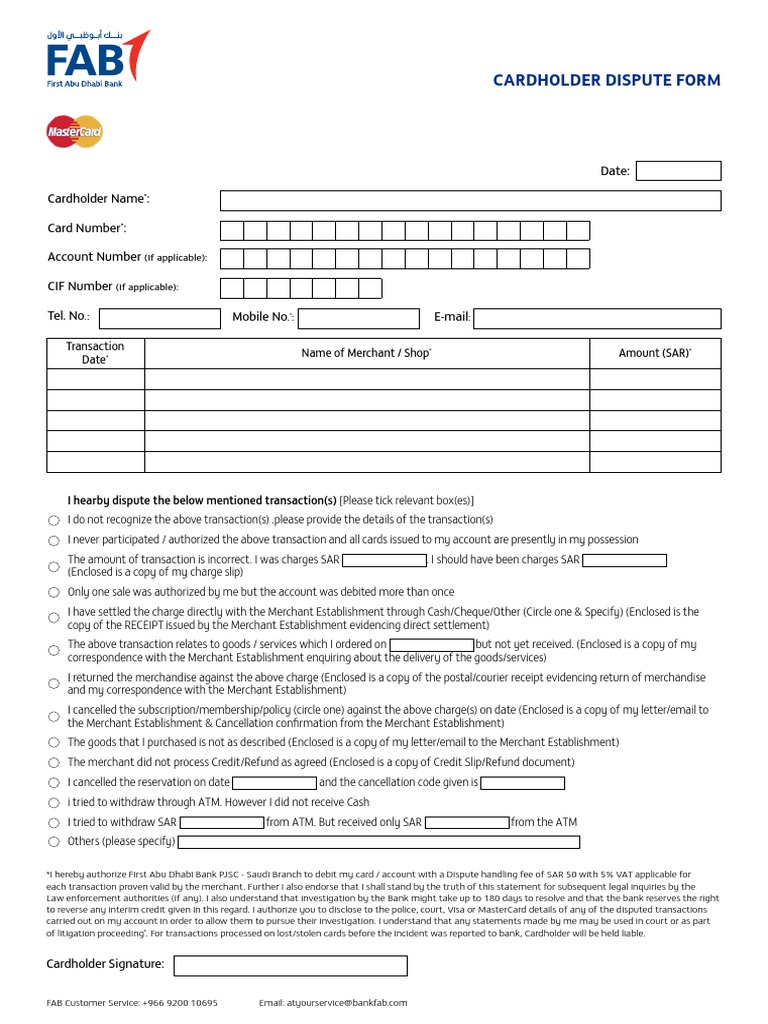 Cardholder Dispute Form: Cardholder Name: Card Number: Account Number ...