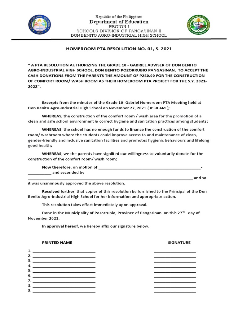 Homeroom Pta Resolution No. 01, S. 2021: Department of Education | PDF ...