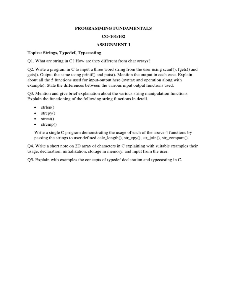 Programming Fundamentals CO-101/102 Assignment 1 Topics: Strings, Typedef, Typecasting | PDF